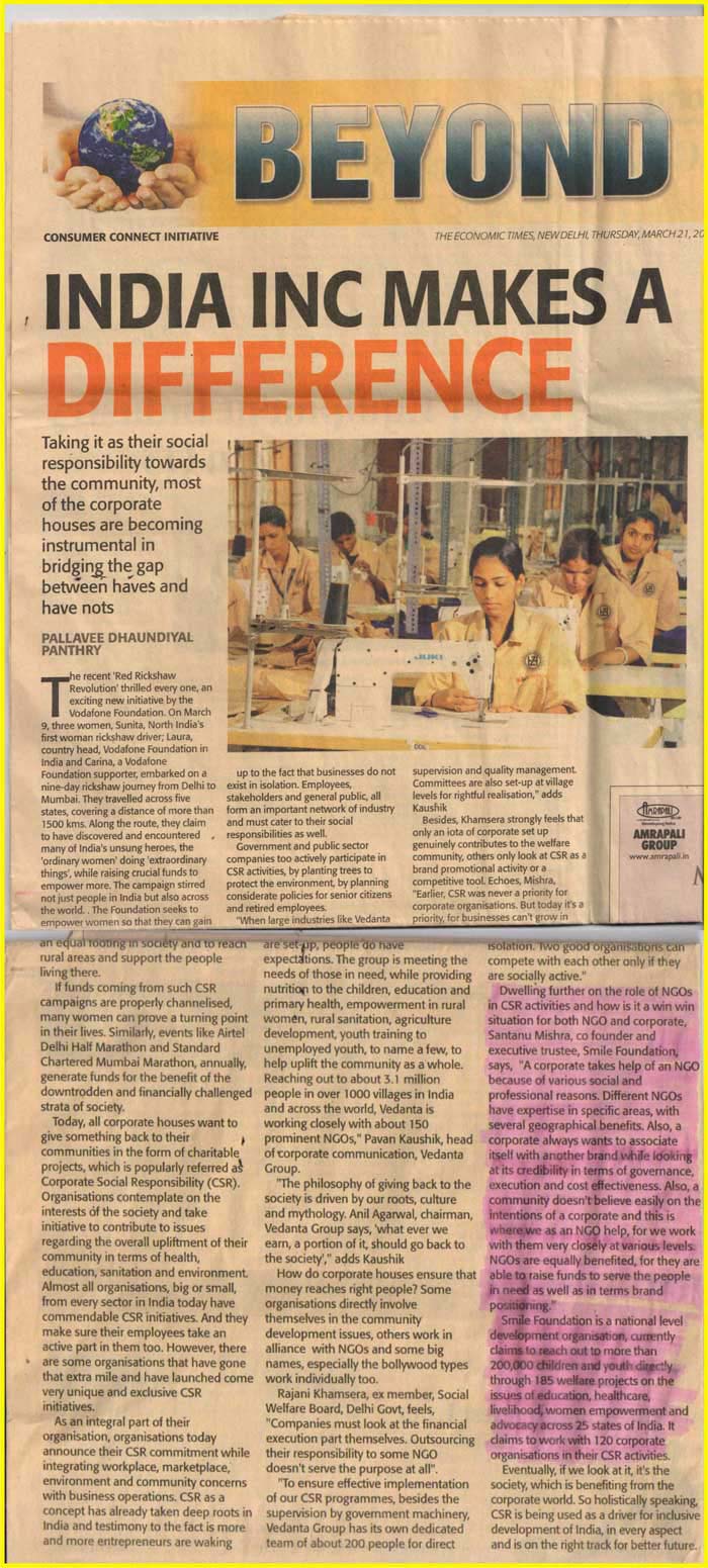 India INC makes a difference - Smile Foundation